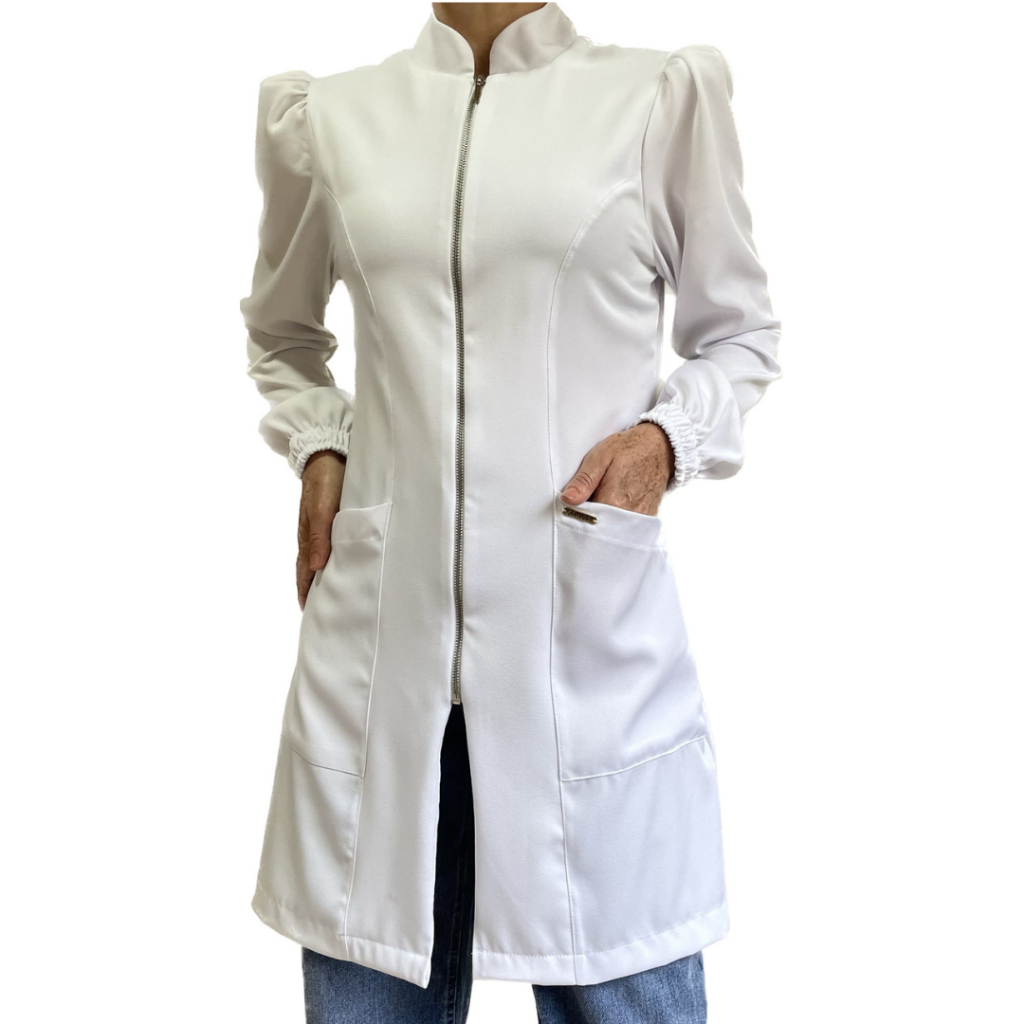 Jaleco Feminino Acinturado Branco Manga Princesa Gabardine | Shopee Brasil