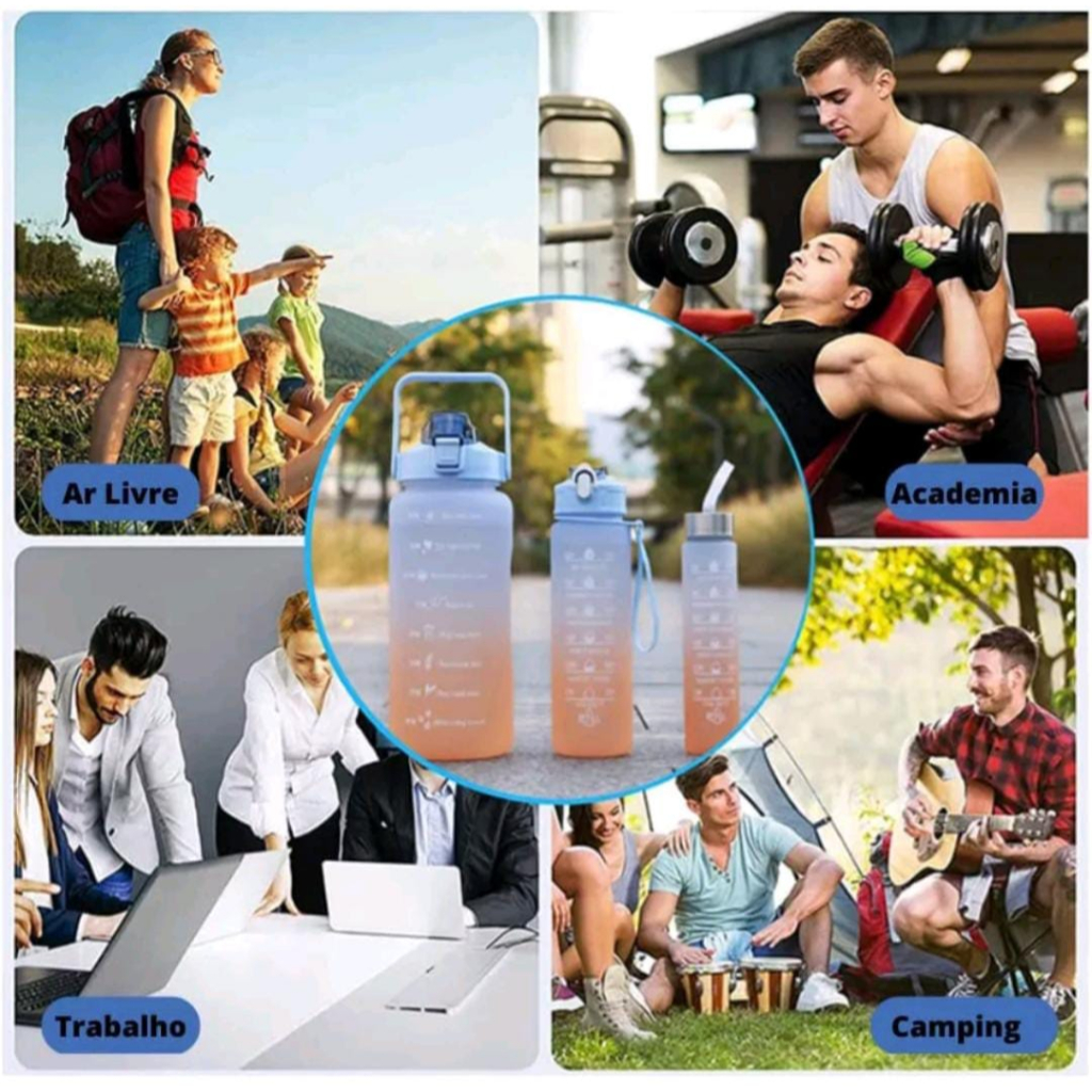 Kit Squeeze Motivacional Com Adesivos Garrafa De Água de 2000 ml + 900 ml + 300 ml. | Shopee Brasil