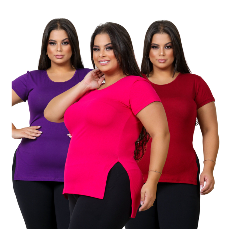Kit 3 Blusas Plus Size Feminina T-shirt Manga Curta Basica Lisa Cobre ...