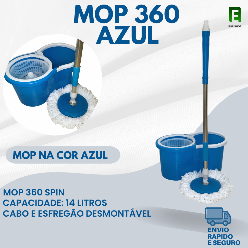 Mop Azul com Refil 360 Spin Esfregão 14 Litros Limpeza Resistente ...