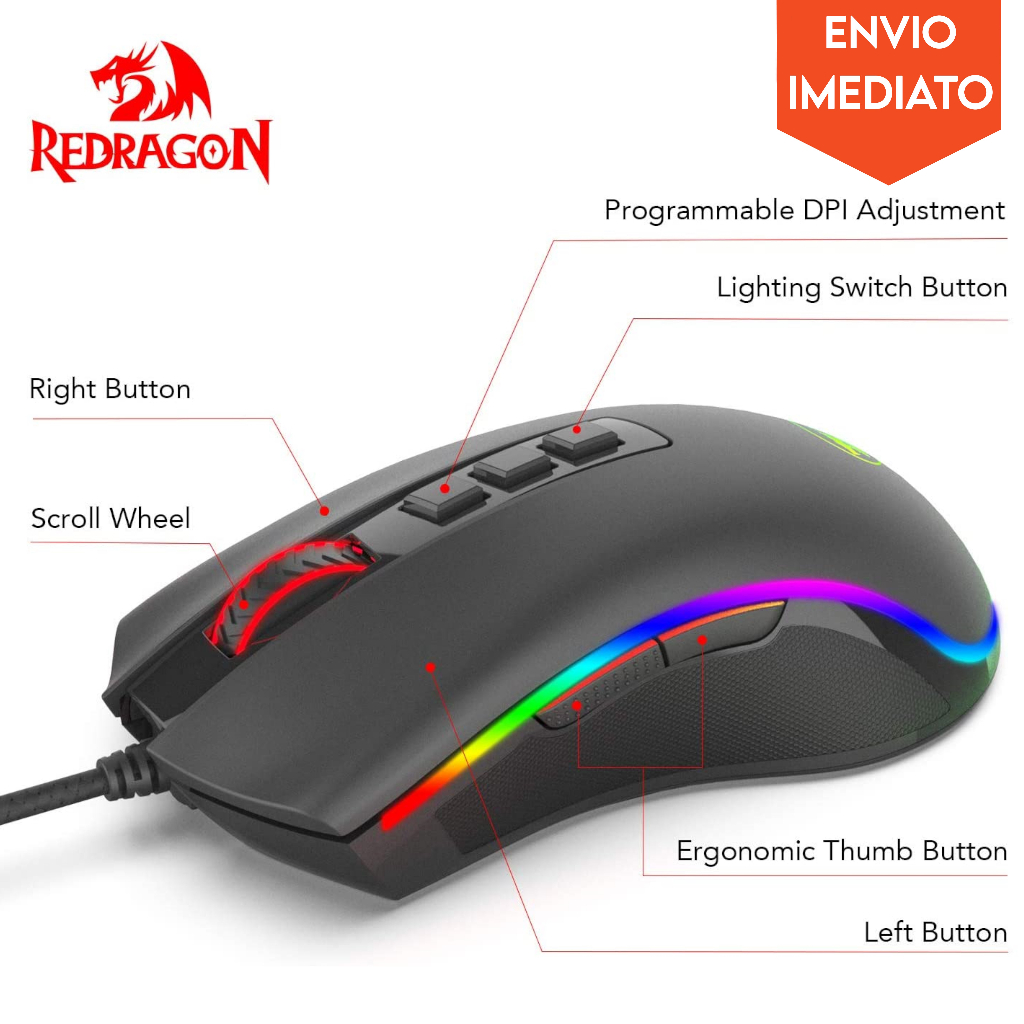 Mouse Gamer RGB 10000 DPI Redragon 9 Botões, Cobra V2 - M711 | Shopee ...