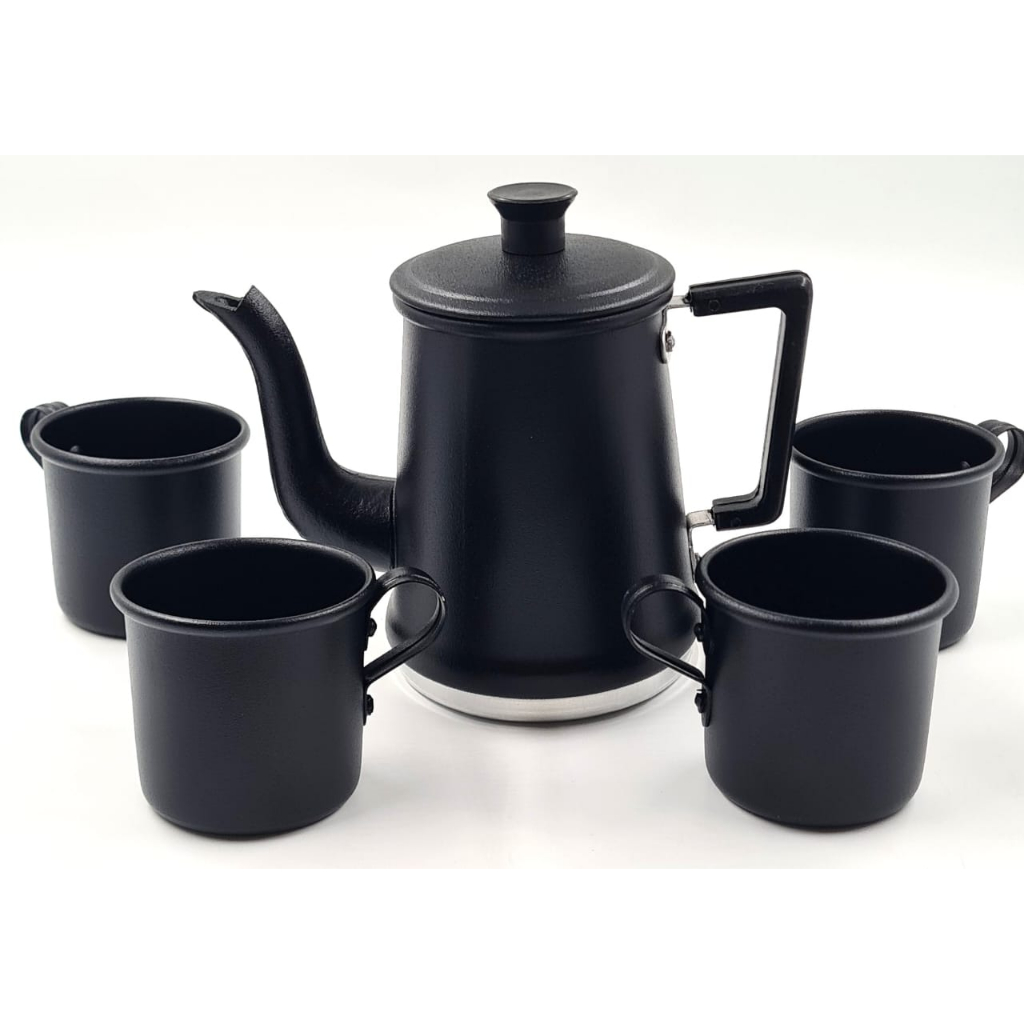 JOGO DE BULE COM 04 CANEQUINHAS PRETAS EM ALUMÍNIO (CANEQUINHAS 150ML ...