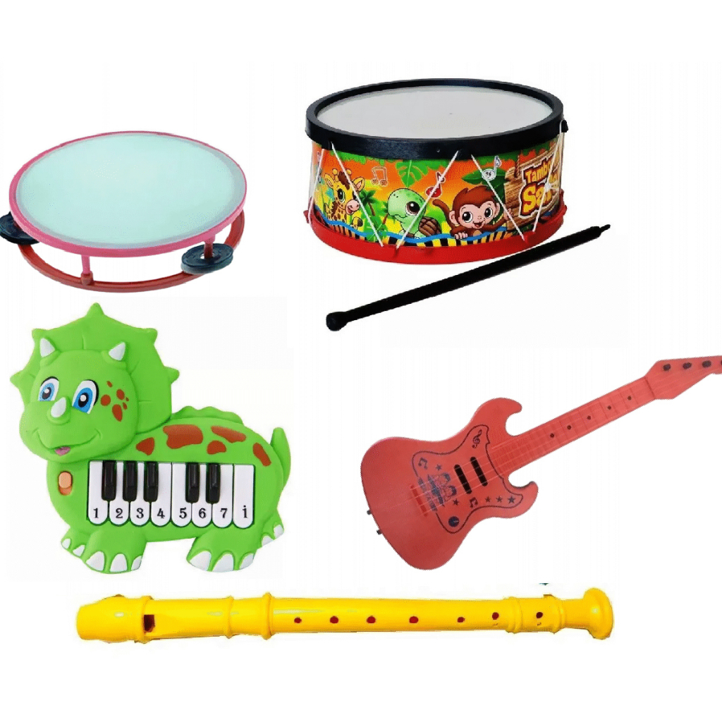 Kit 5 Instrumentos Musical Guitarra Pandeiro Estrela Flauta Piano Teclado Tambor Infantil ...