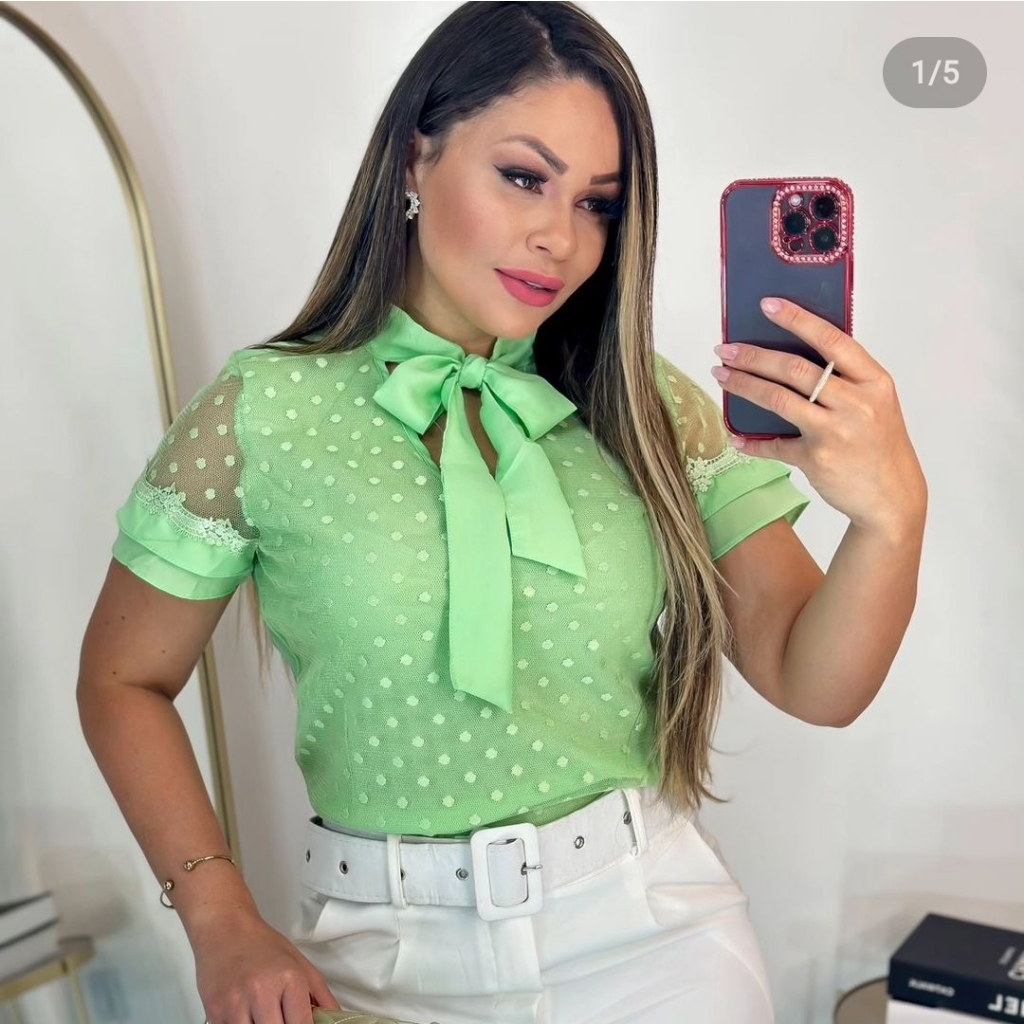 Blusa manga curta social tule laço moda feminina plus size MK | Shopee ...