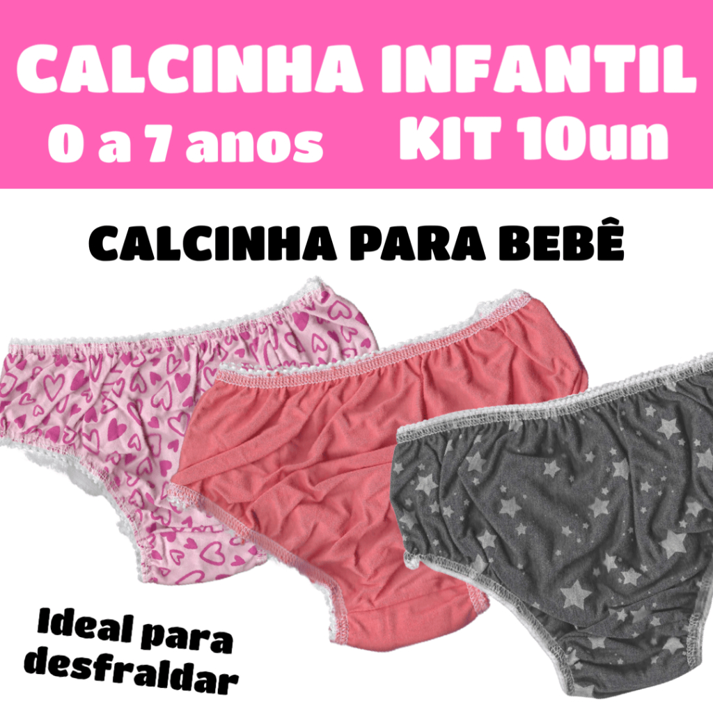 Calcinha Infantil Kit 10 un Calcinha bebê Calcinha menina 0 a 7 anos ...