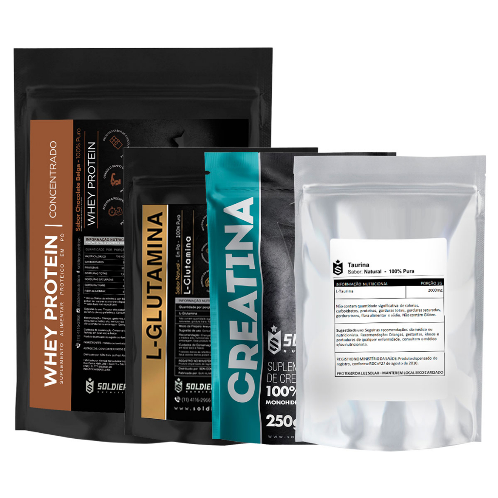 Kit: Whey Protein Concentrado 1Kg + Creatina Monohidratada 250g + Glutamina 250g + Taurina 250g ...