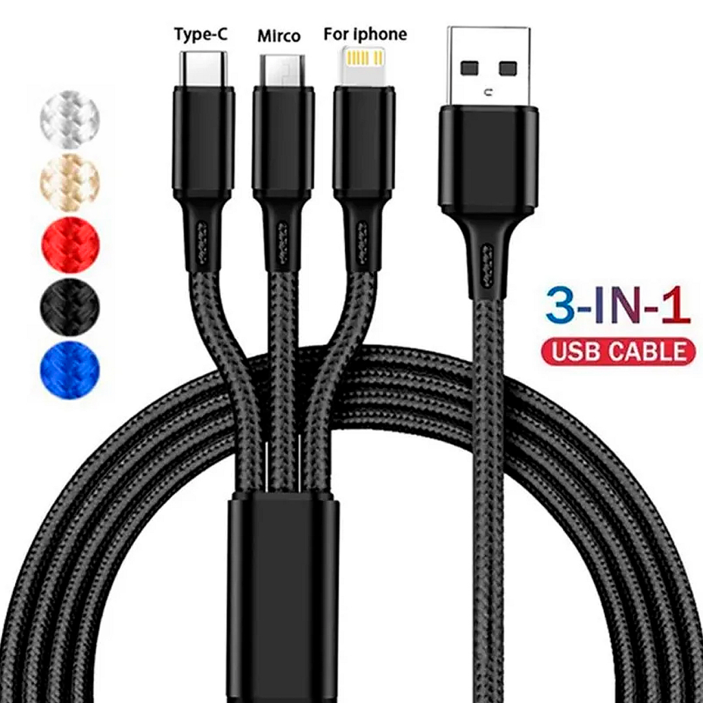 Cabo USB 3 em 1 Cabo Carregador USB para iPhone/Android Micro USB Tipo C 3 in 1 | Shopee Brasil
