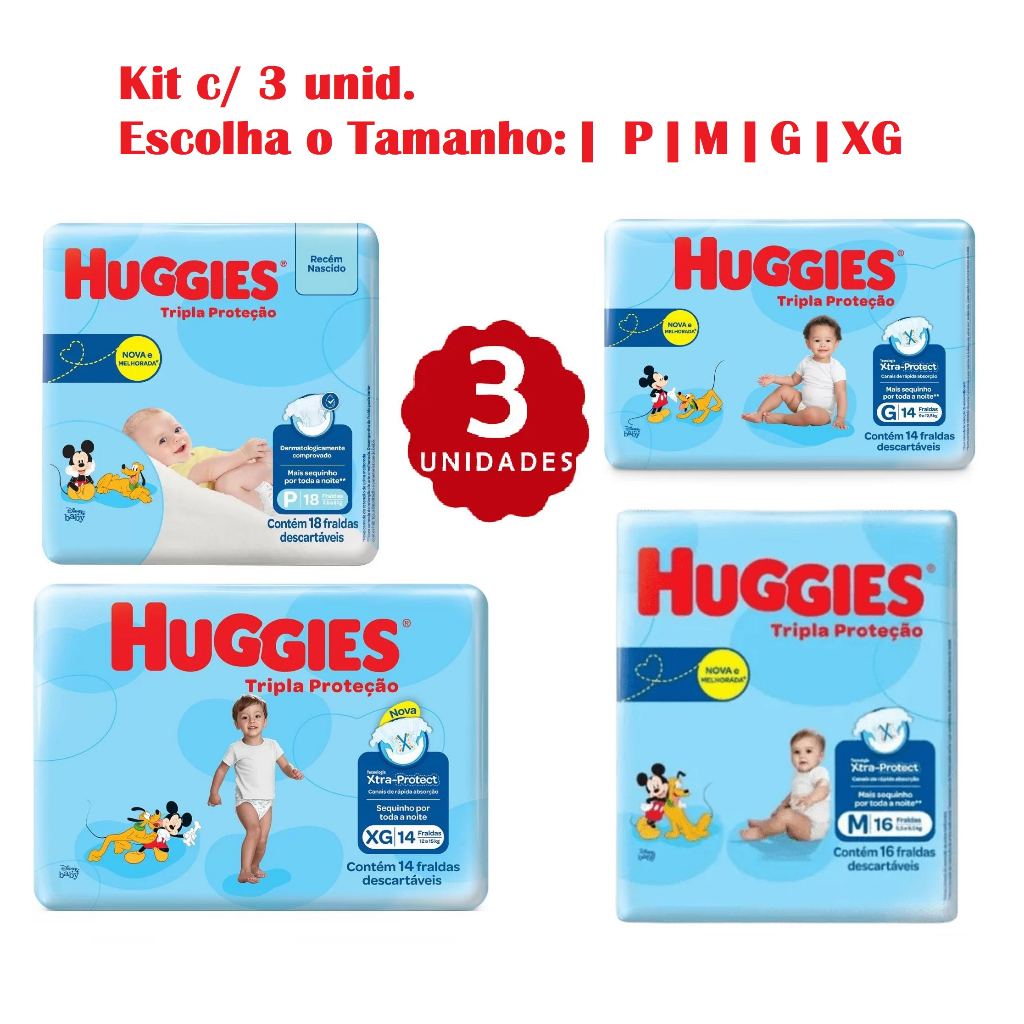 Kit com 3 Pacotes de Fralda Descartáveis Huggies Tripla Proteção | P ...