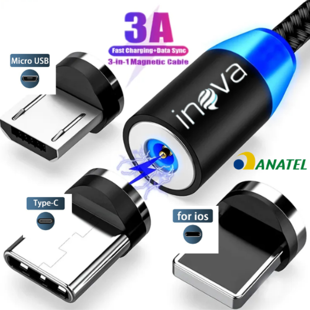 Cabo Carregador Magnético 3 Em 1 Tipo C, V8, de imã para Celular e Tablet Iphone Android ...