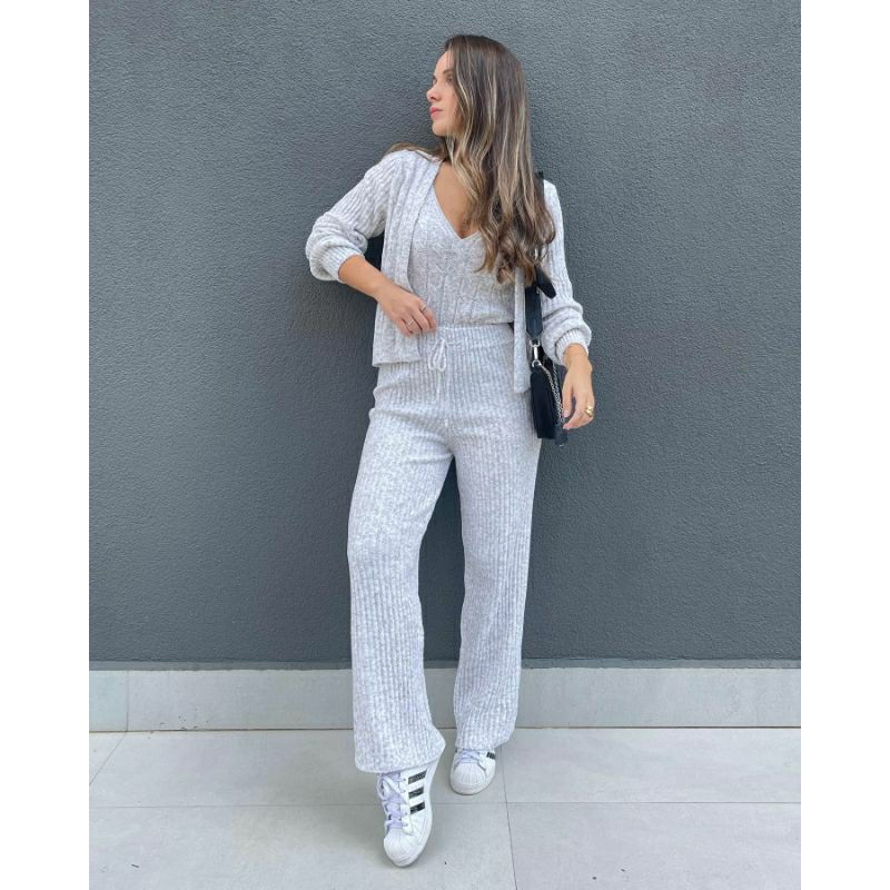 Conjunto de tricot 3 peças fio mousse Calça pantalona com Casaqueto e ...