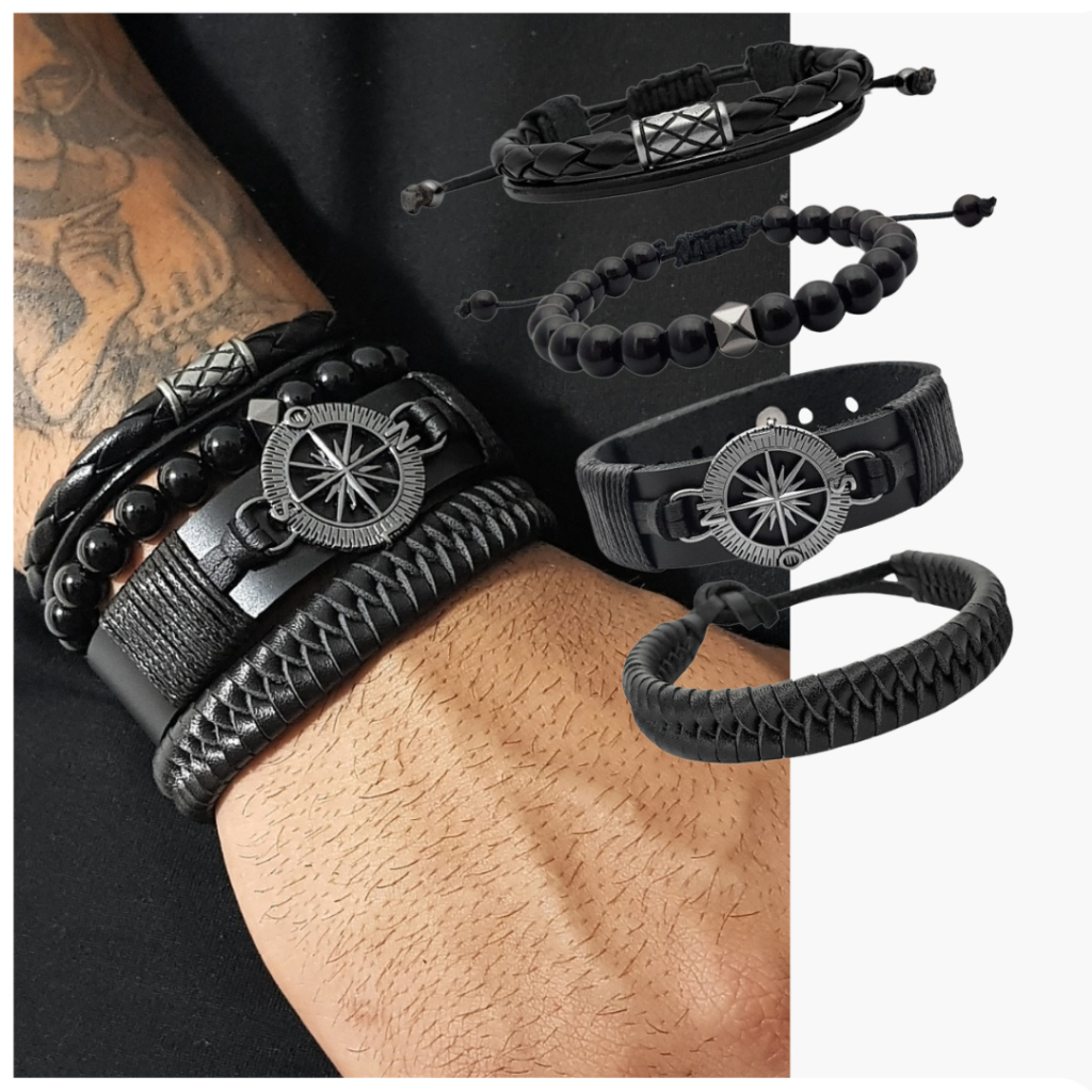 Pulseiras Masculinas de Couro Bússola Kit C/04 | Shopee Brasil