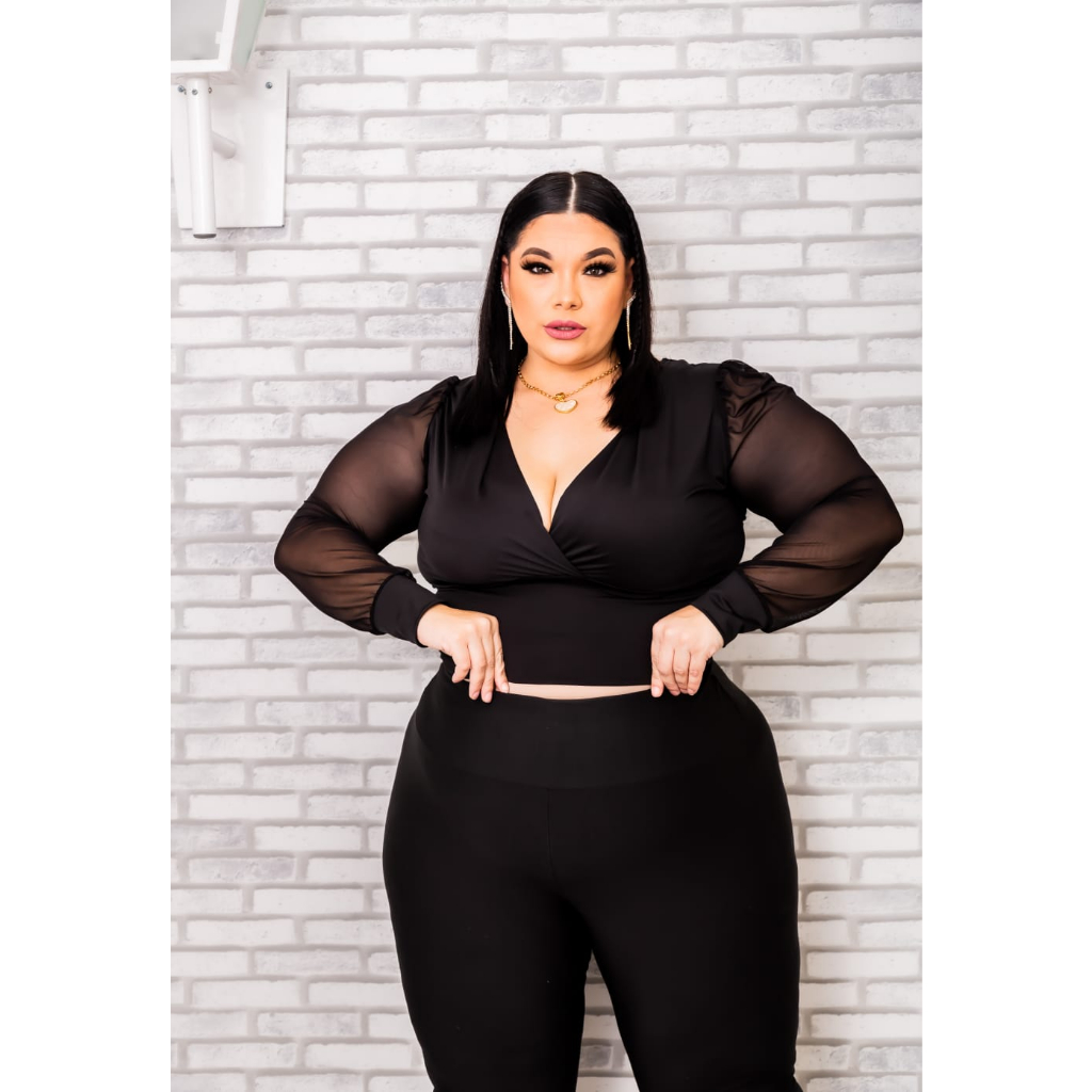 Blusa Cropped Plus Size Vários Tamanhos Bloguerinha Manga Longa De Tule ...