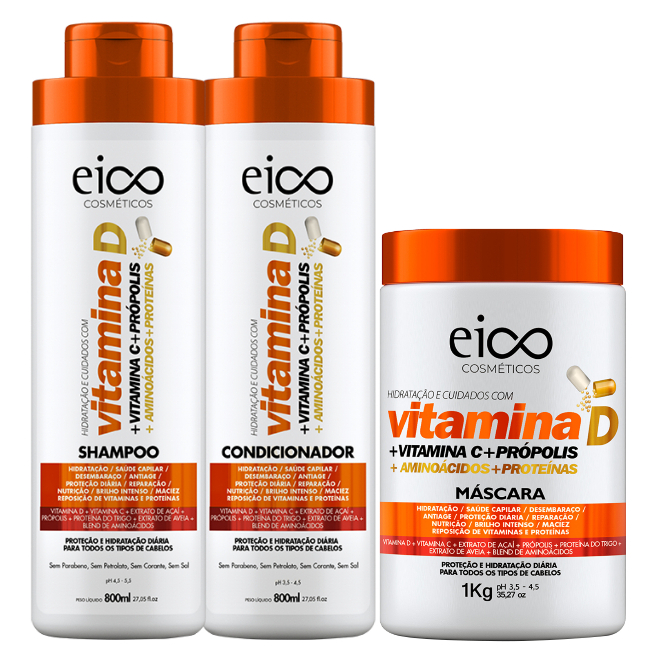 Kit Eico Vitamina D Shampoo e Condicionador 800ml + Máscara Hidratação ...