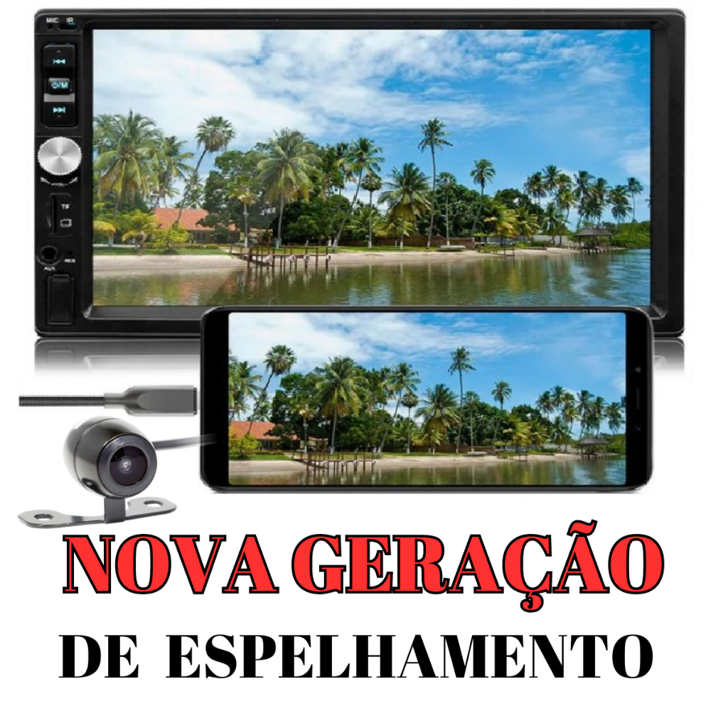 Central Multimídia Universal 2 Din + Câmera de Ré Espelhamento Android Auto IOS Tela 7 Touch ...