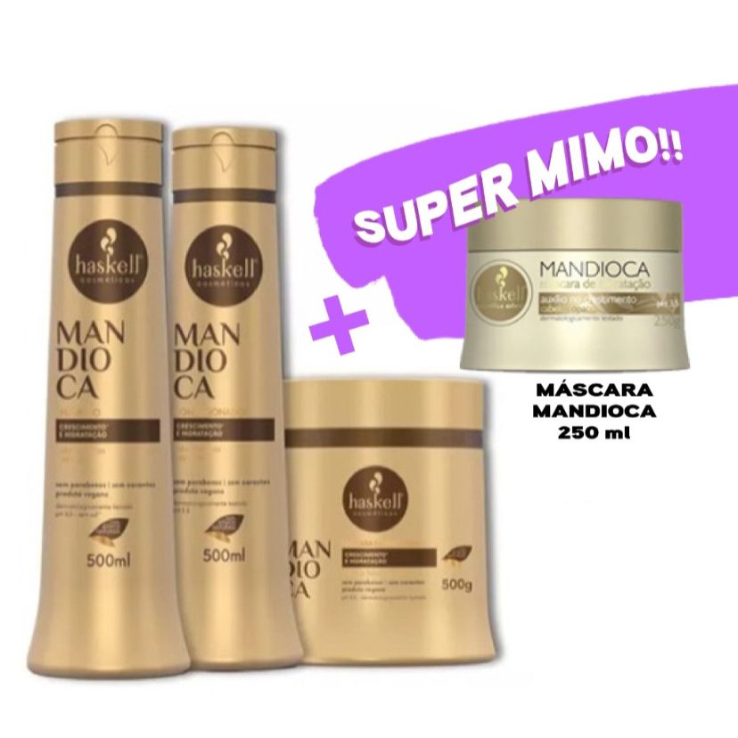 Kit Especial Haskell Mandioca Shampoo 500 ml + Condicionador 500ml + Mascara 500gr e um Mimo ...