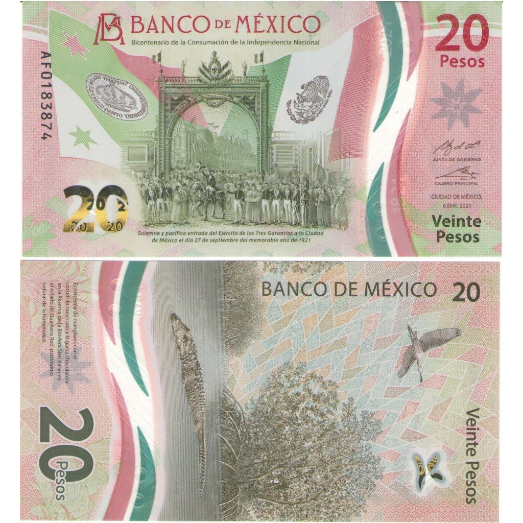 México 20 Pesos, 2021, Polímero, PREFIXO AB, AC, AD, AE, AF | Shopee Brasil