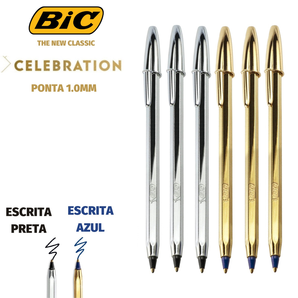 Kit Caneta Bic Cristal Celebration Luxo - Dourada e Prateada | Shopee ...