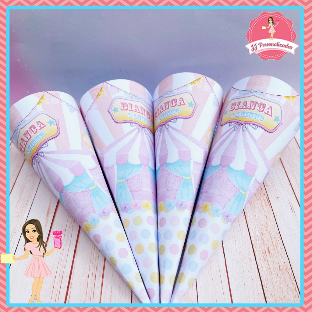 20 Cones para Guloseimas Lembrancinha Papelaria Personalizada Circo Rosa Candy Color Menina ...