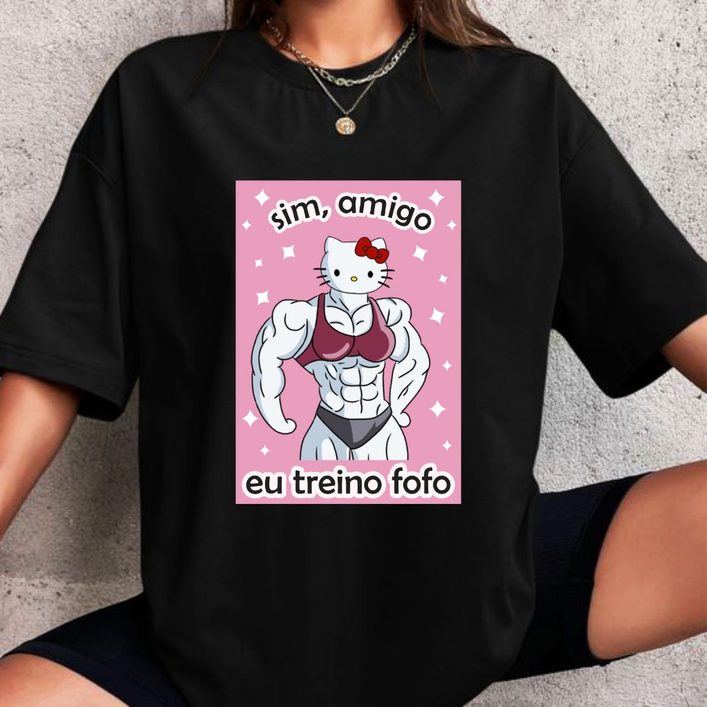 Camiseta Hello Kitty Sim Amigo Eu Treino Fofo Bodybuilding Preta ...