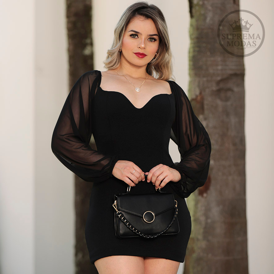 Vestido Decotado, Moda Gringa, Manga Tule | Shopee Brasil