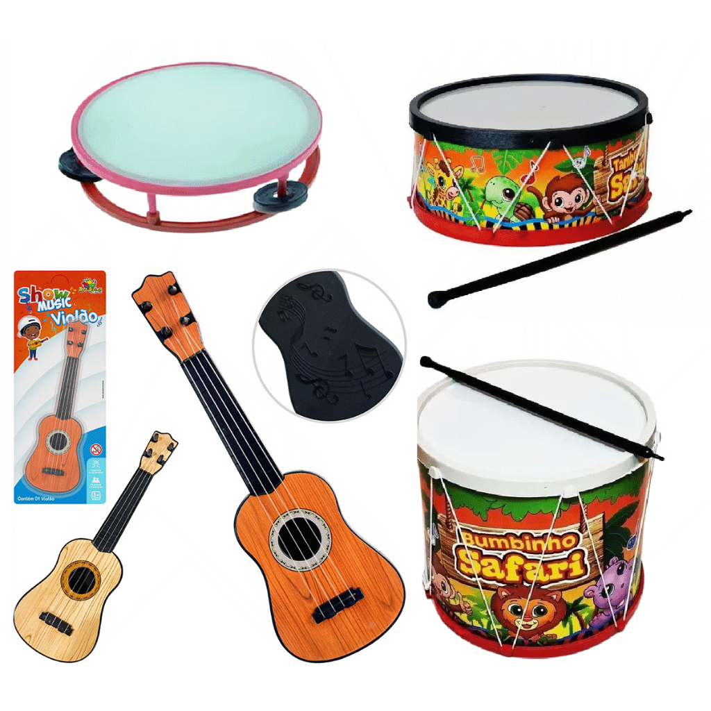 Kit 4 Instrumentos Musical Tambor Pandeiro Estrela Bumbo Infantil Brinquedo Banda | Shopee Brasil