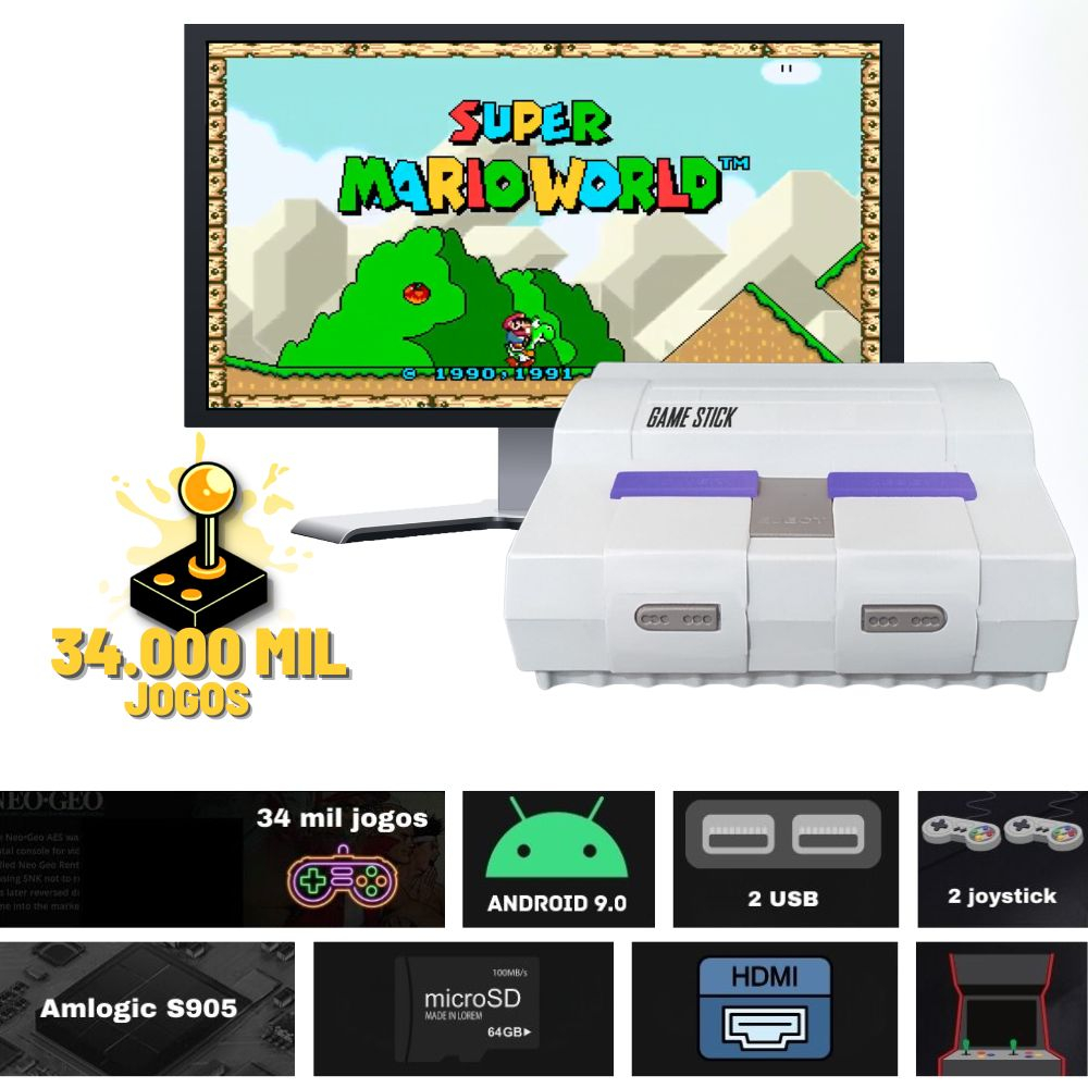 Super Snes Mini Vídeo Game Retro 34.000 Jogos + 2 Controles 64GB ...