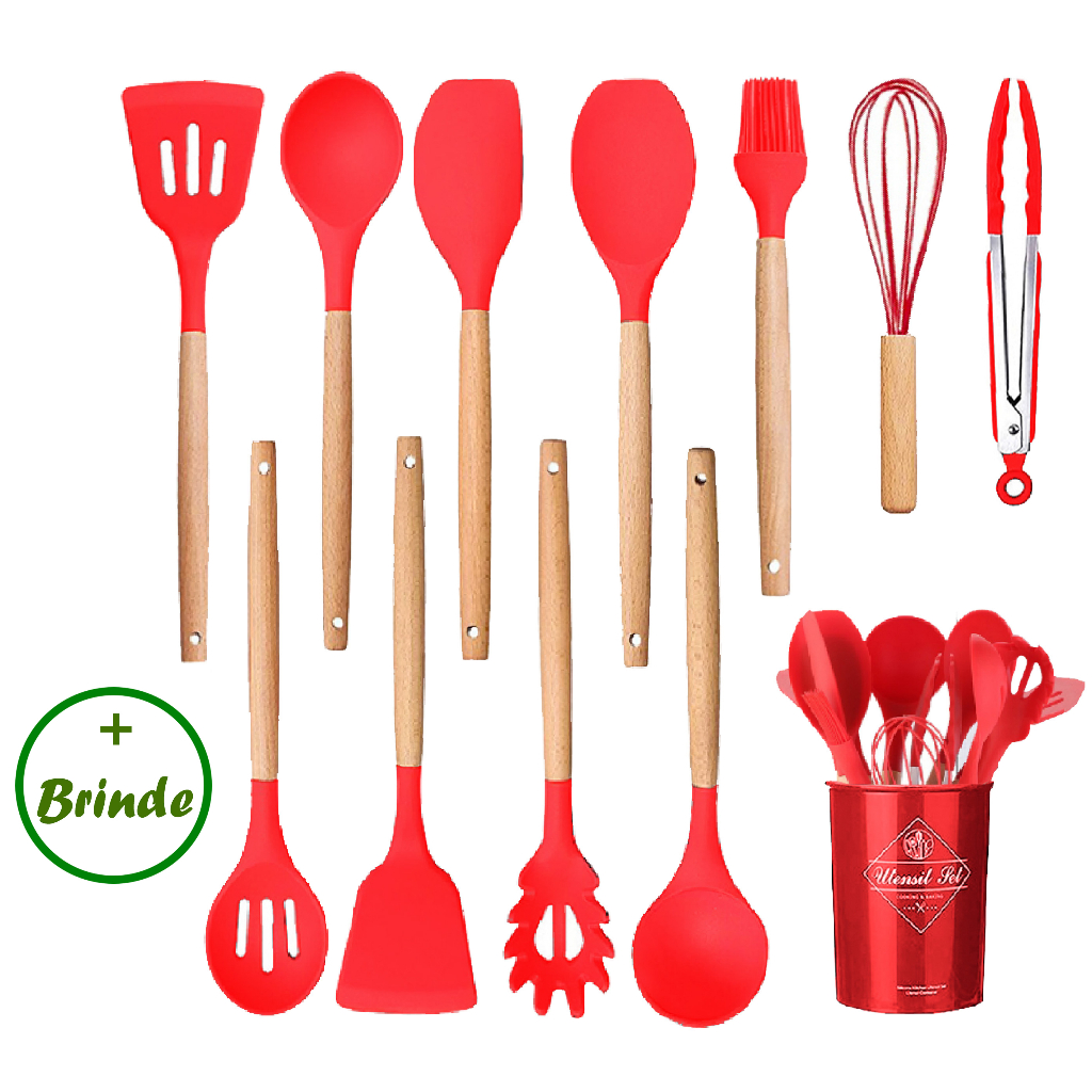 Kit 12 Peças Utensílios Cozinha Em Silicone Maciço E Cabos De Madeira ...