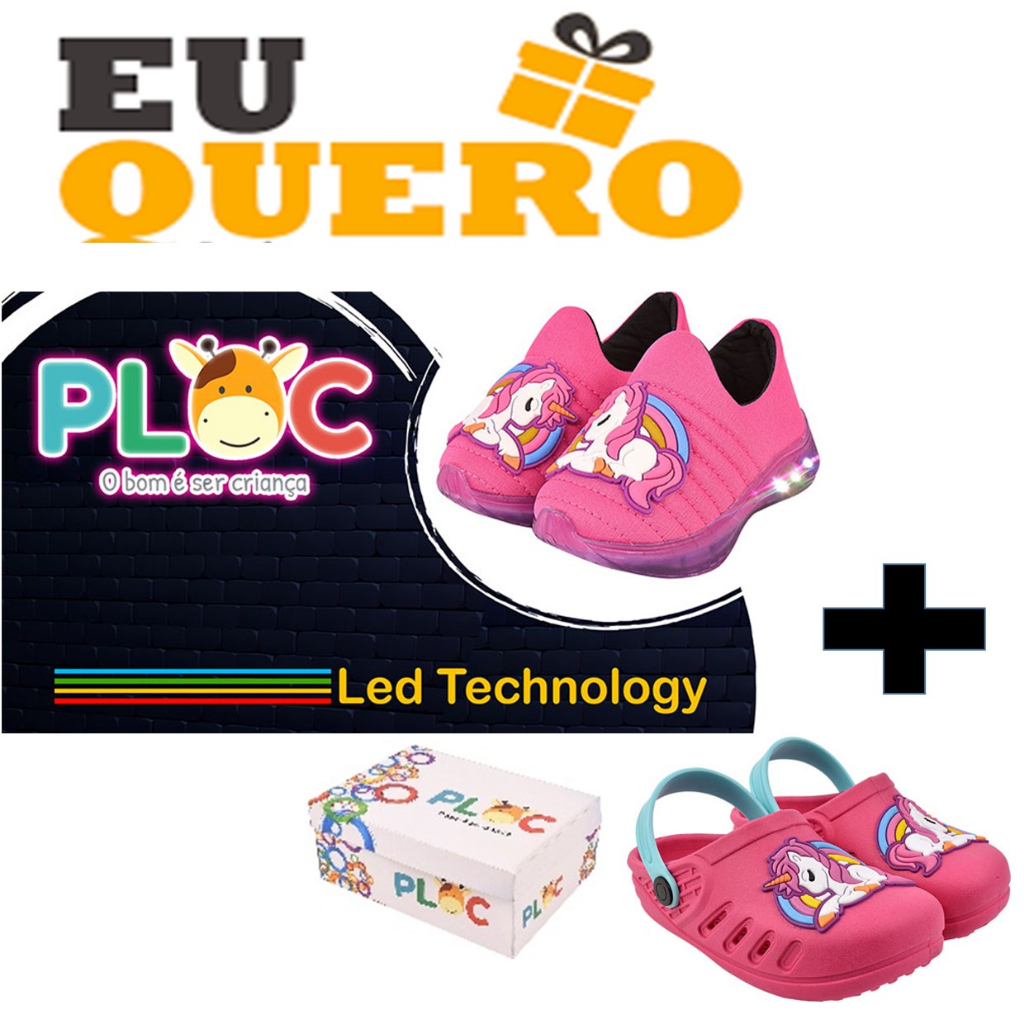 KIT 2 PARES PLOC - 1 TÊNIS LED + 1 BABUCHE UNICÓRNIO (LED14 PINK ...