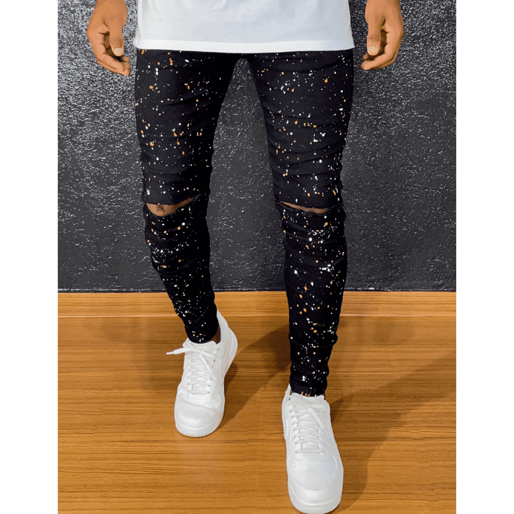 Calça Skinny Rasgada Masculina Jeans Preta Lisa Joelho Rasgado ...