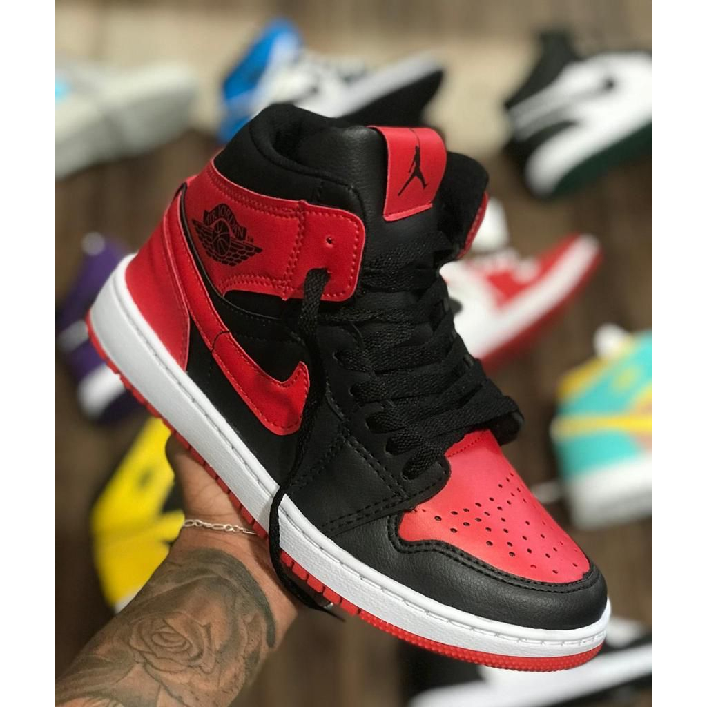 Tênis Preto Vermelho Air Jordan Cano Alto Bota 1 Feminino e Masculino ...