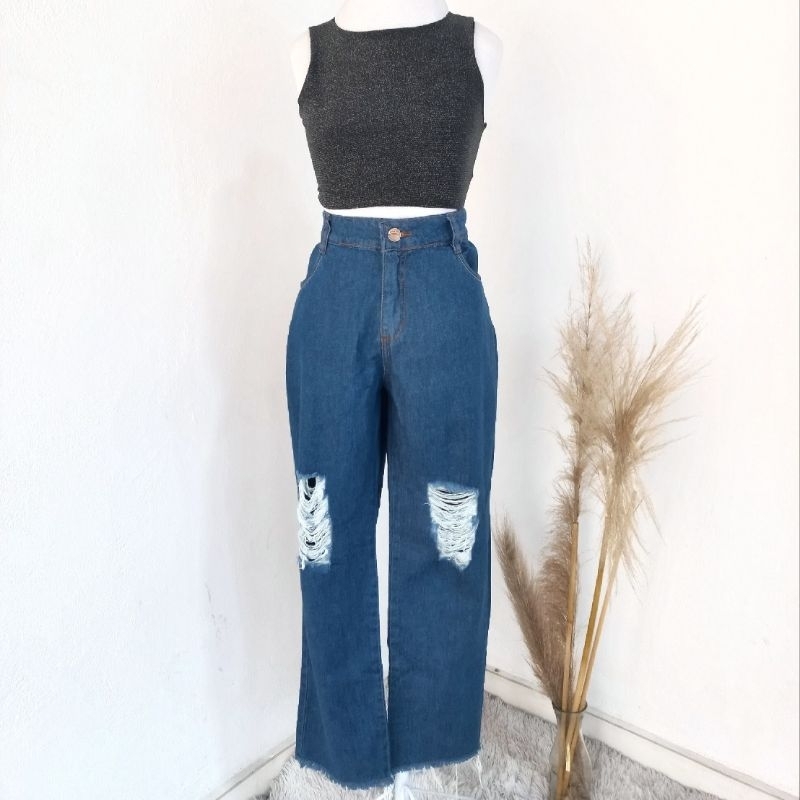 Calça Mom Jeans Calça Folgada Feminina Rasgada Shopee Brasil
