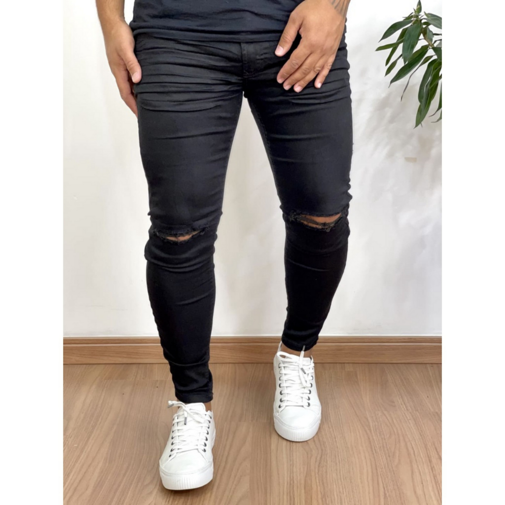 Calça Skinny Rasgada Masculina Jeans Preta Lisa Tradicional Rasgo No ...