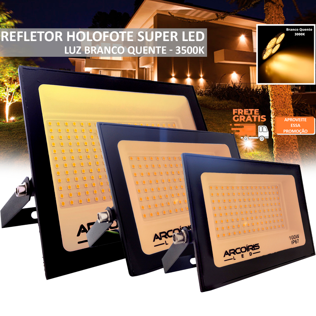 Refletor Holofote LED 50w 100w 200w Branco Quente Amarela 3000K~3500K IP67 Bivolt - A Prova ...