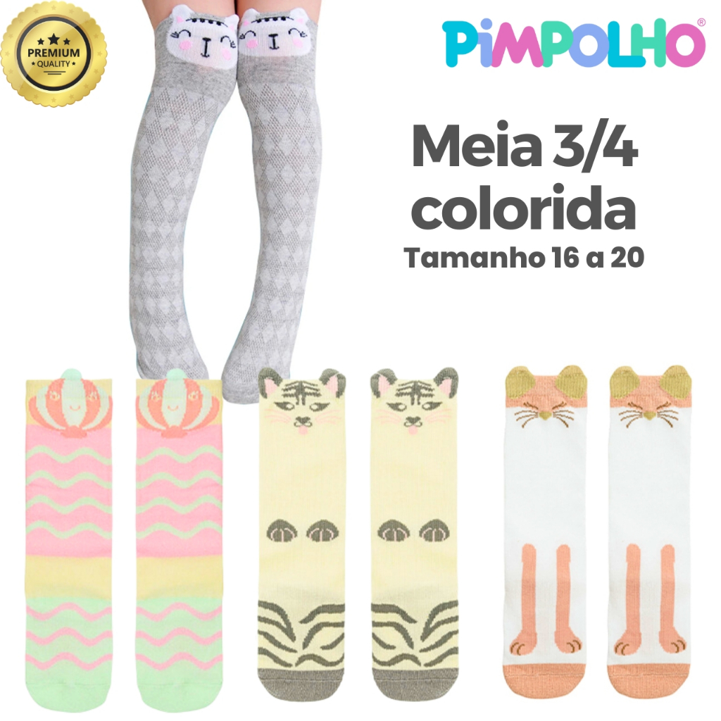 Meia Infantil Longa 3/4 Colorida Lúdica Frio Algodão Menina Bebê ...