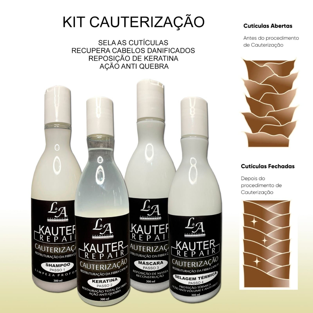Kit Cauterização Kauter Repair 4x300ml - Restruturação da Fibra Capilar ...