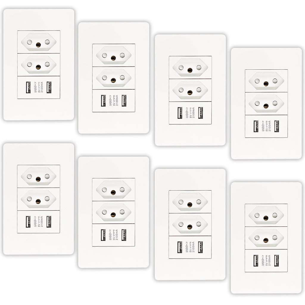 Kit 8 Tomada Parede 2 Entradas 3 Pinos Universal 10A Módulo USB Bivolt ...