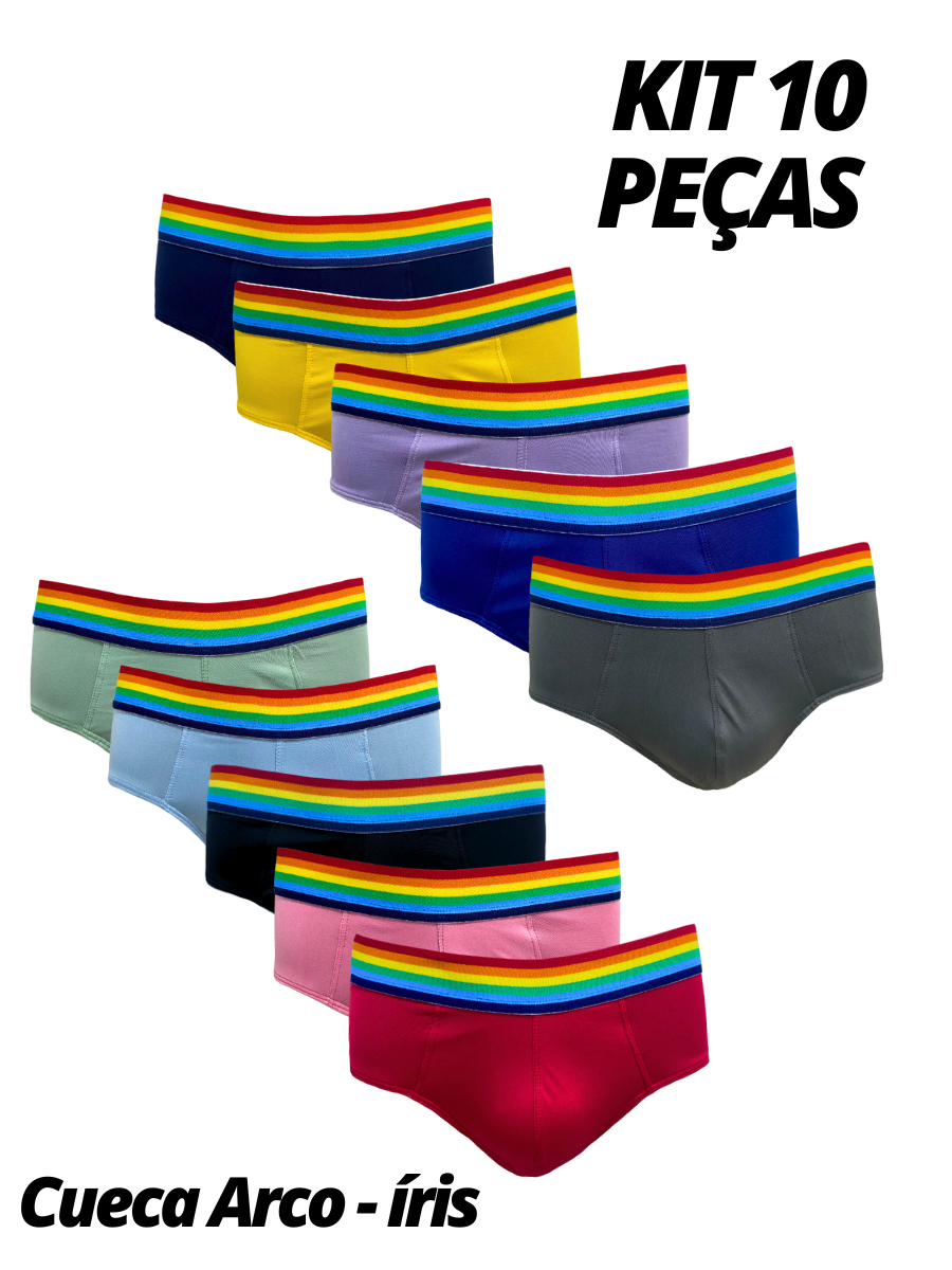 Kit 10 Cuecas Slip Tradicional Masculina Arco Íris Elástico Colorido Microfibra Conforto ...
