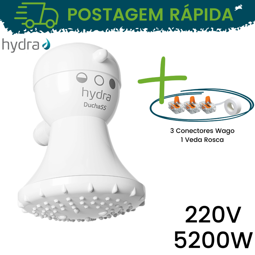 Chuveiro Hydra SS 3T 5200W 220V Com Conector Wago e Fita Veda Rosca kit ...