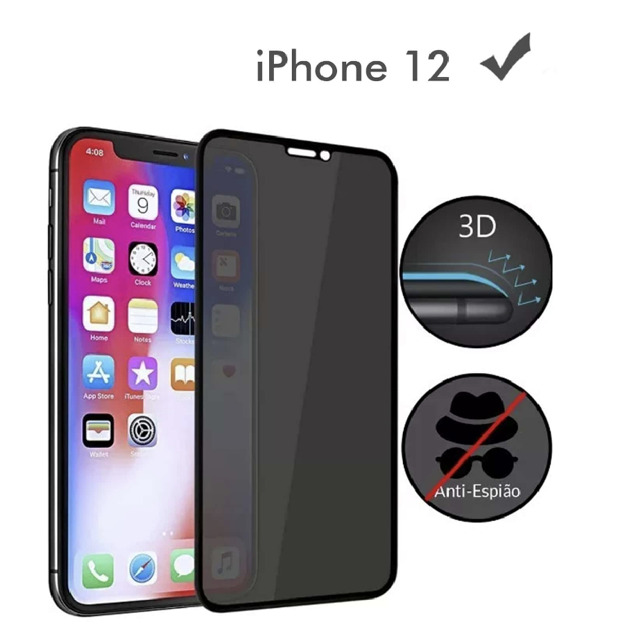 kit 2 Película de Privacidade Protetora iPhone 12 de Vidro 3D Privativa ...