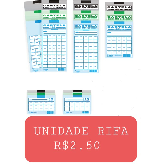 KIT CARTELA DE RIFA 10 UNIDADES (100/50/25/15/10 NOMES) MODELO NOVO - COM SORTIDAS CONFORME ...