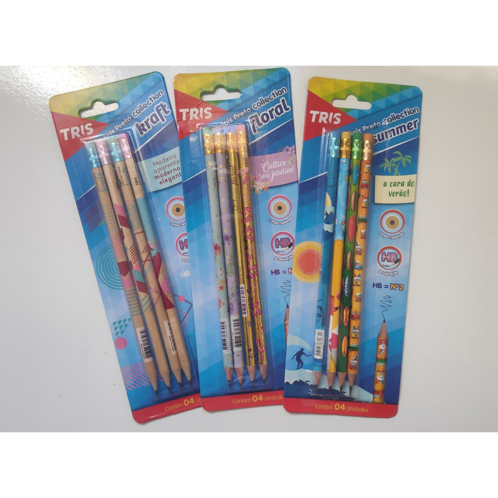 Kit Lapis Preto Tris Com 4 Unidades HB Com Borracha Collection | Kraft | Floral | Summer ...