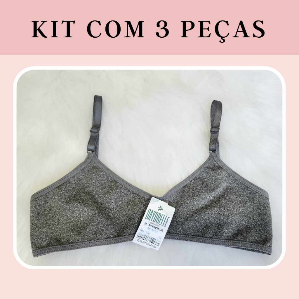 Kit com 3 Sutiãs Infantis, Juvenil Sem Bojo - Liso, Suplex, - Menina ...