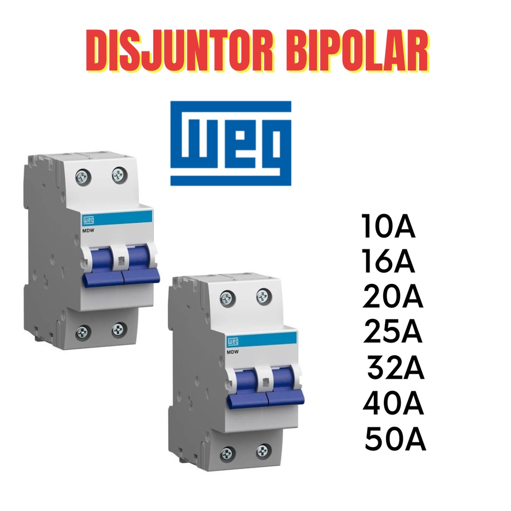 Disjuntor Bipolar/Bifasico Weg Mdw-c 10A/16A/20A/25A/32A 40A/50A Curva C | Shopee Brasil
