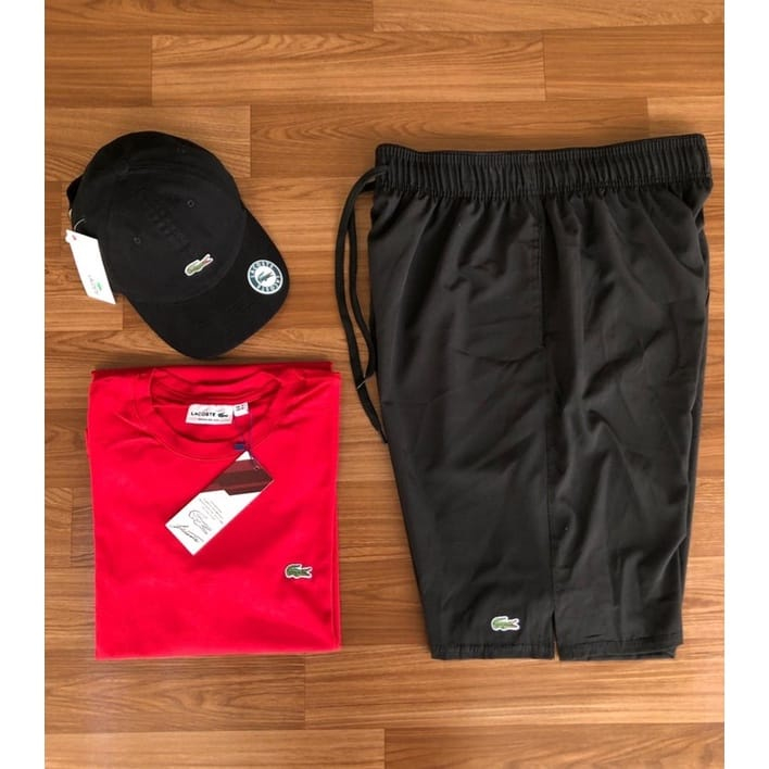 Kit Lacoste Camiseta + Bermuda + Boné Jacaré Bordado | Shopee Brasil