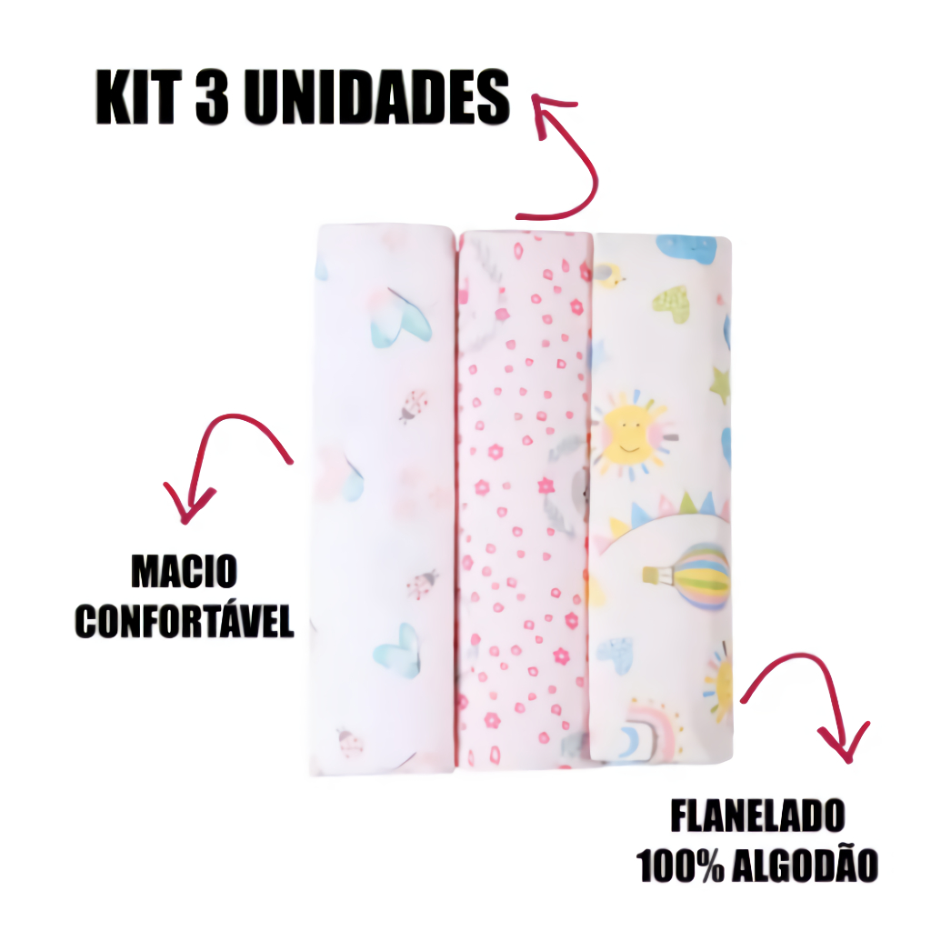 Cueiro Bebe Flanelado Kit com 3 unidades Estampado 80cm x 80cm 100% ...
