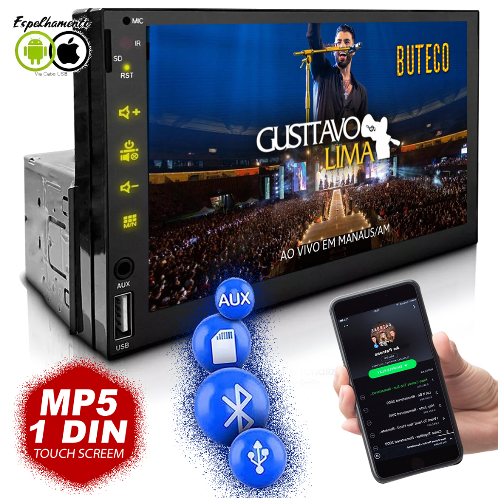 Dvd Multimídia Universal Automotivo Mp5 1 Din Espelha IOS Android Universal Sd Tela 7 Hd ...