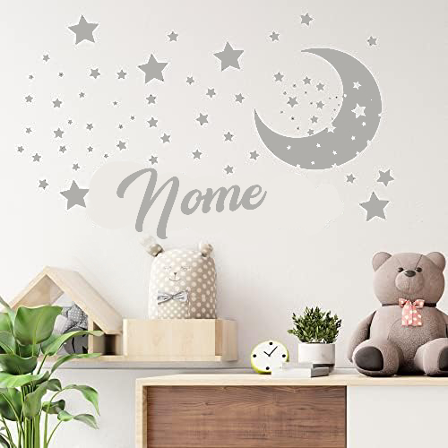 Adesivo de parede Meia lua com estrelas, nome personalizado ...