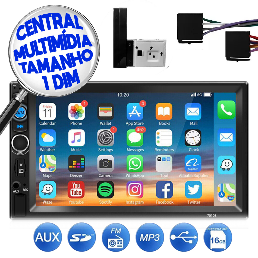 Multimídia Universal Dvd Automotivo Mp5 1 Din Espelha IOS Android Universal Sd Tela 7 Hd ...
