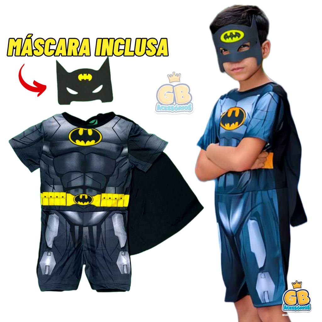 Fantasia Roupa Infantil Batman Herói Menino Curta com Capa | Shopee Brasil