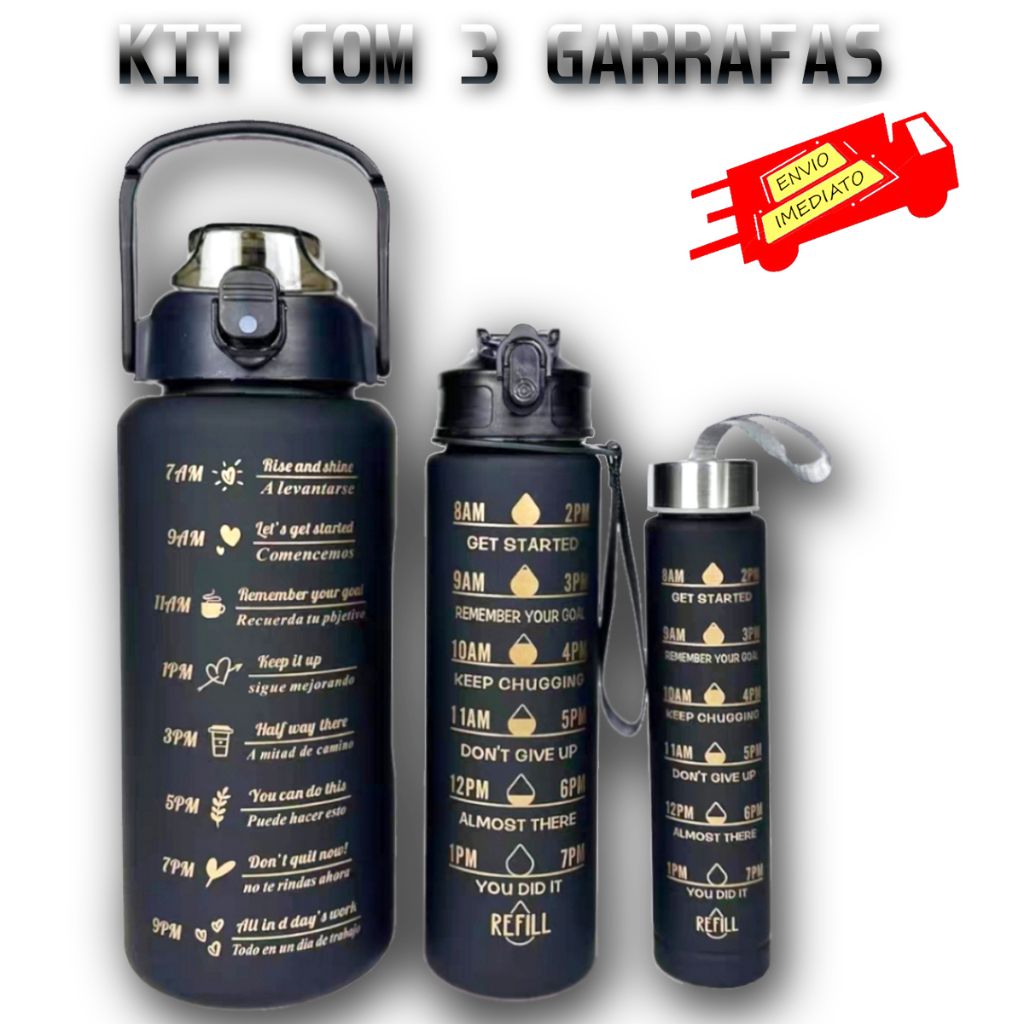 kit Com 3 Garrafas Pretas Frases Motivacionais 2000ML 900ML 300ML Com Adesivos | Shopee Brasil